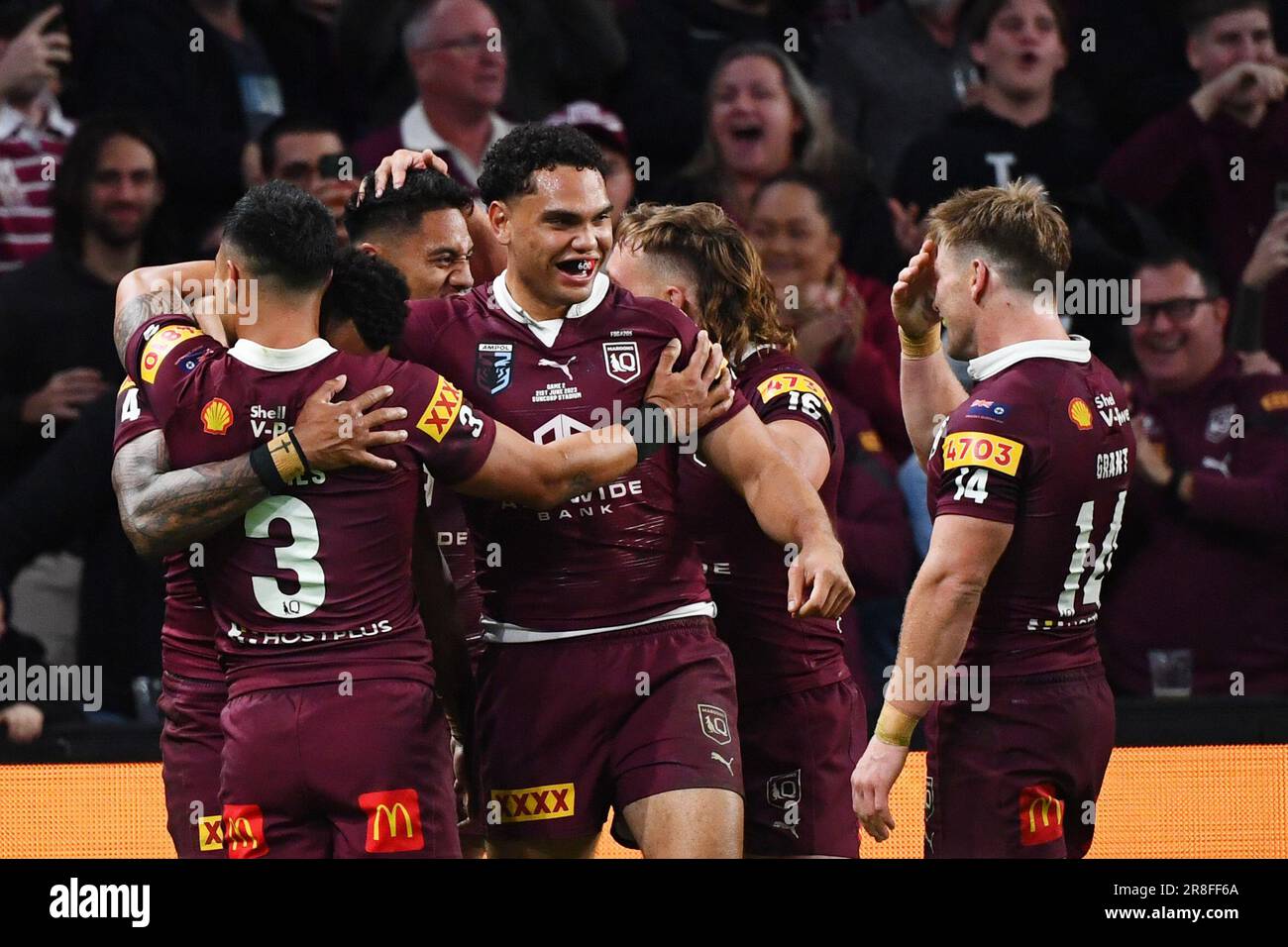 Brisbane, Australia. 21st June, 2023. The Maroons celebrate Hamiso ...