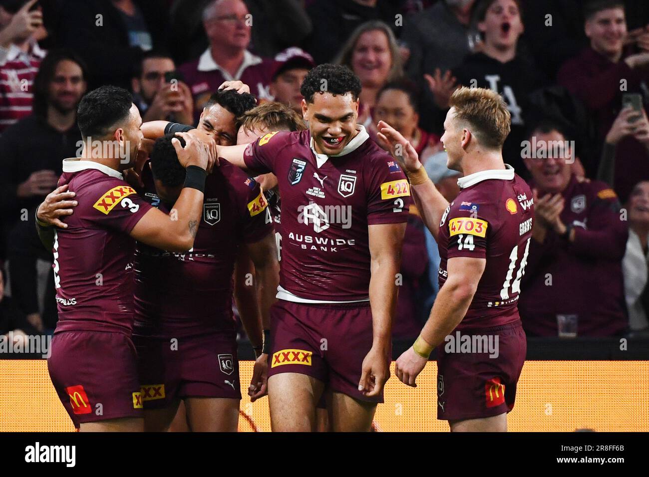 Brisbane, Australia. 21st June, 2023. The Maroons celebrate Hamiso ...