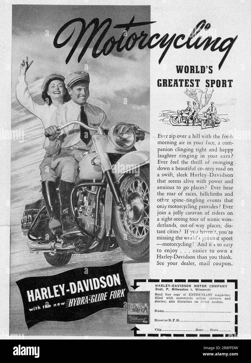 Harley-Davidson Hydra Glide Fork advert in a magazine 1949 Stock Photo ...