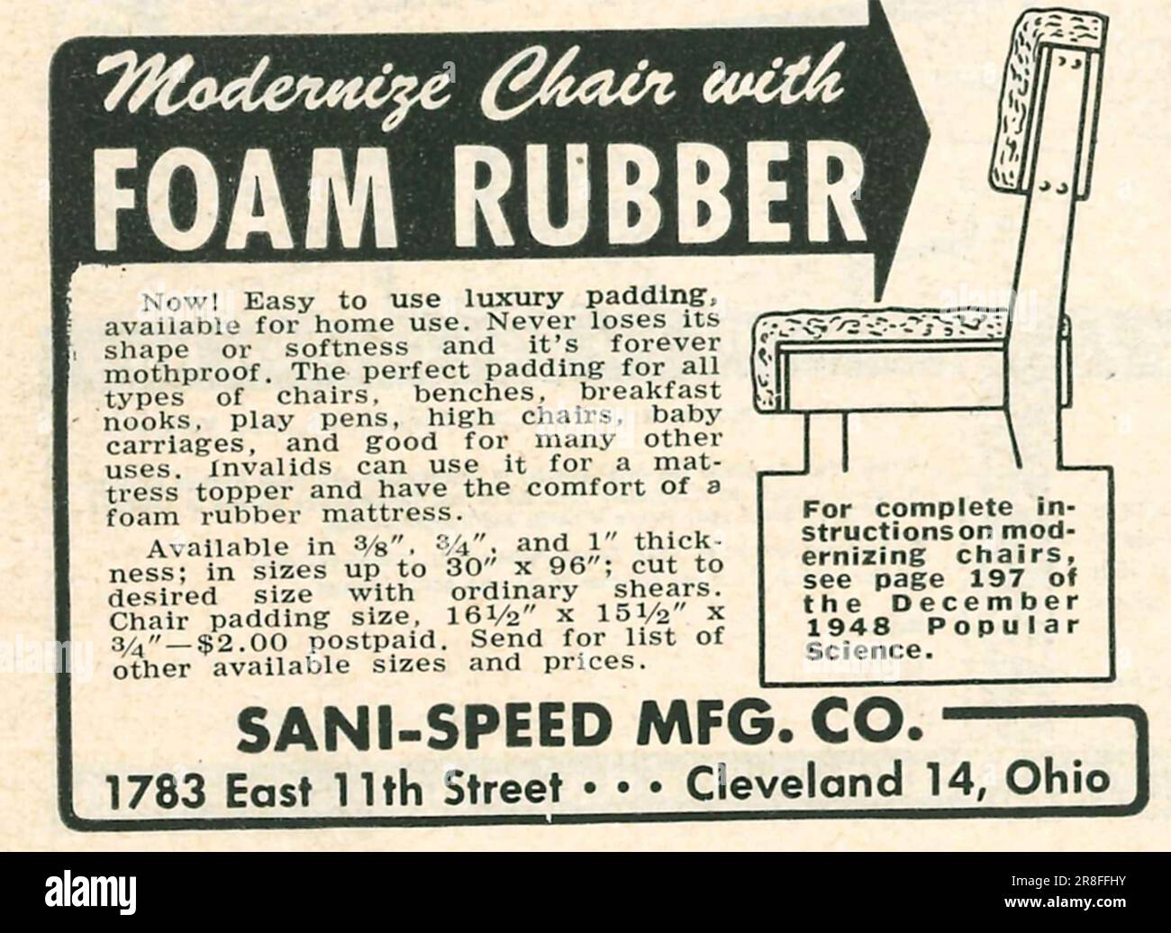 Sani-Speed Foam rubber advert in a magazine 1949 Stock Photo - Alamy