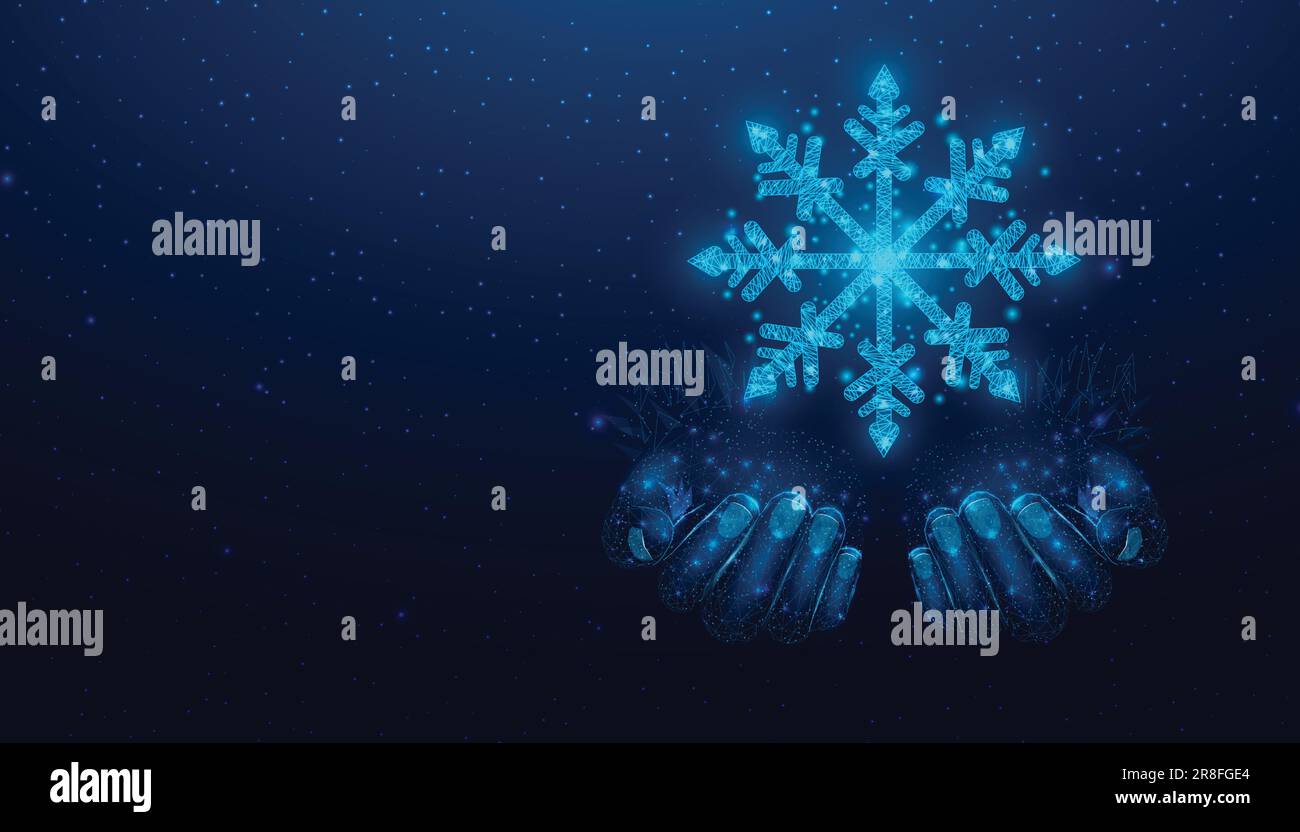 Two hands are holding a snowflake. Wireframe glowing low poly design on ...