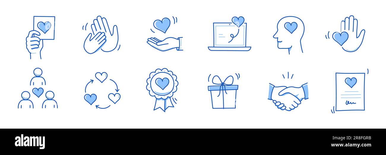 Community trust hand, social heart doodle line icon. Charity community ...