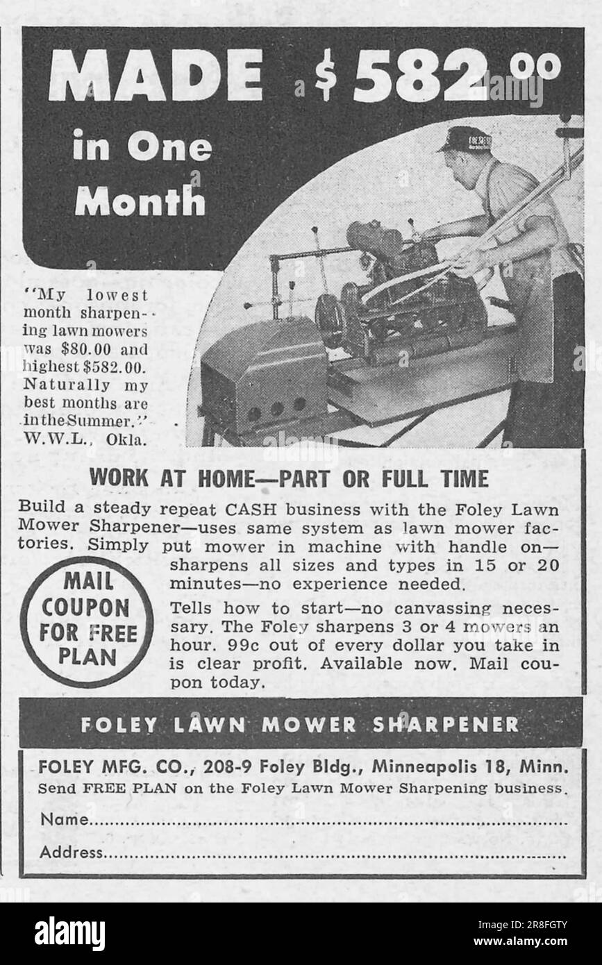 Foley Lawn Mower Sharpener advert in a magazine 1949 Stock Photo - Alamy