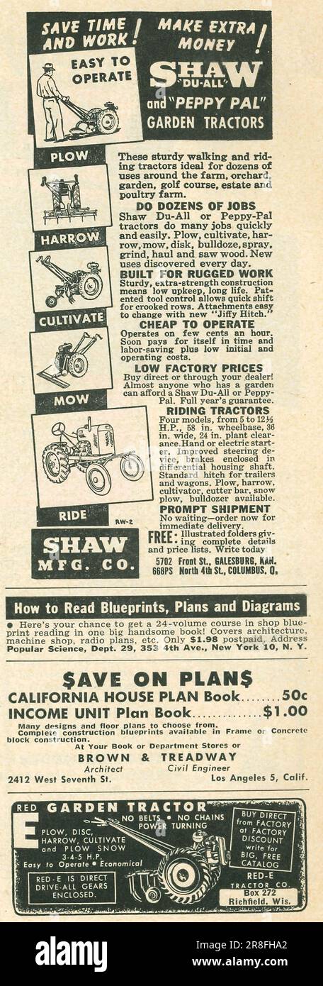 Shaw Du-all and Peppy Pal garden tractors advert in a magazine 1949 ...