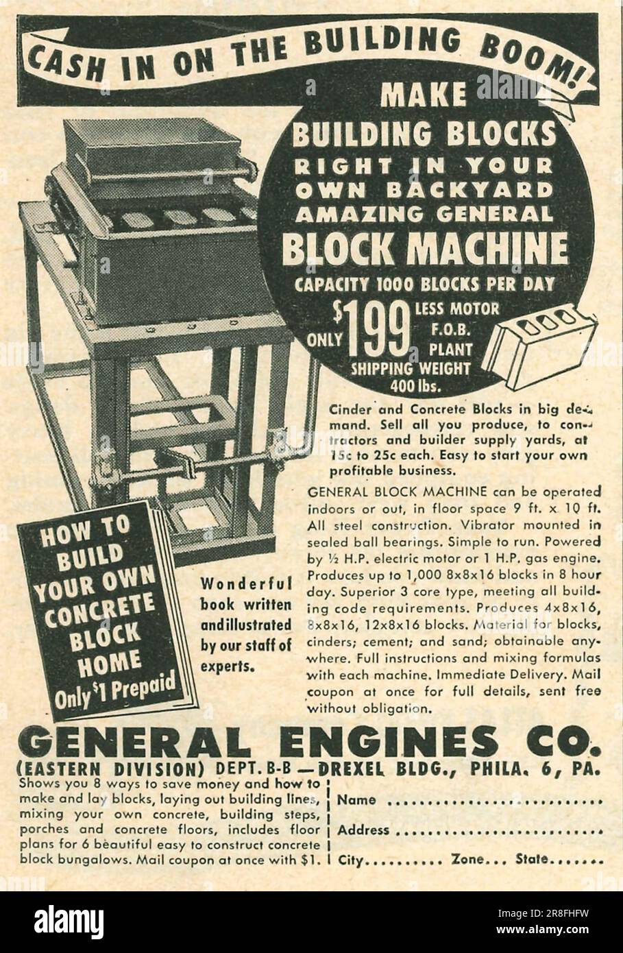 General Engines Co - make building blocks - block machine advert in a ...