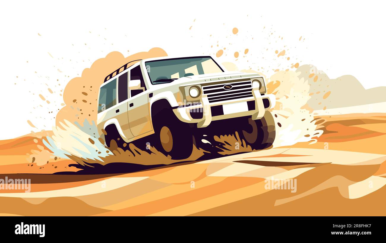 Vintage style white SUV car bashing in desert. 4x4 sport safari off-road adventure, horizontal ...