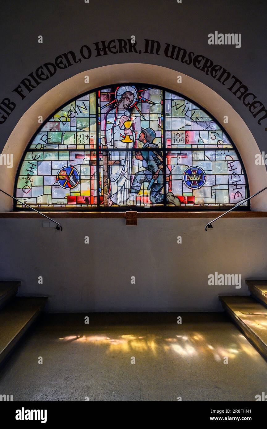 Coloured church window with war memorial motif, parish church of St ...