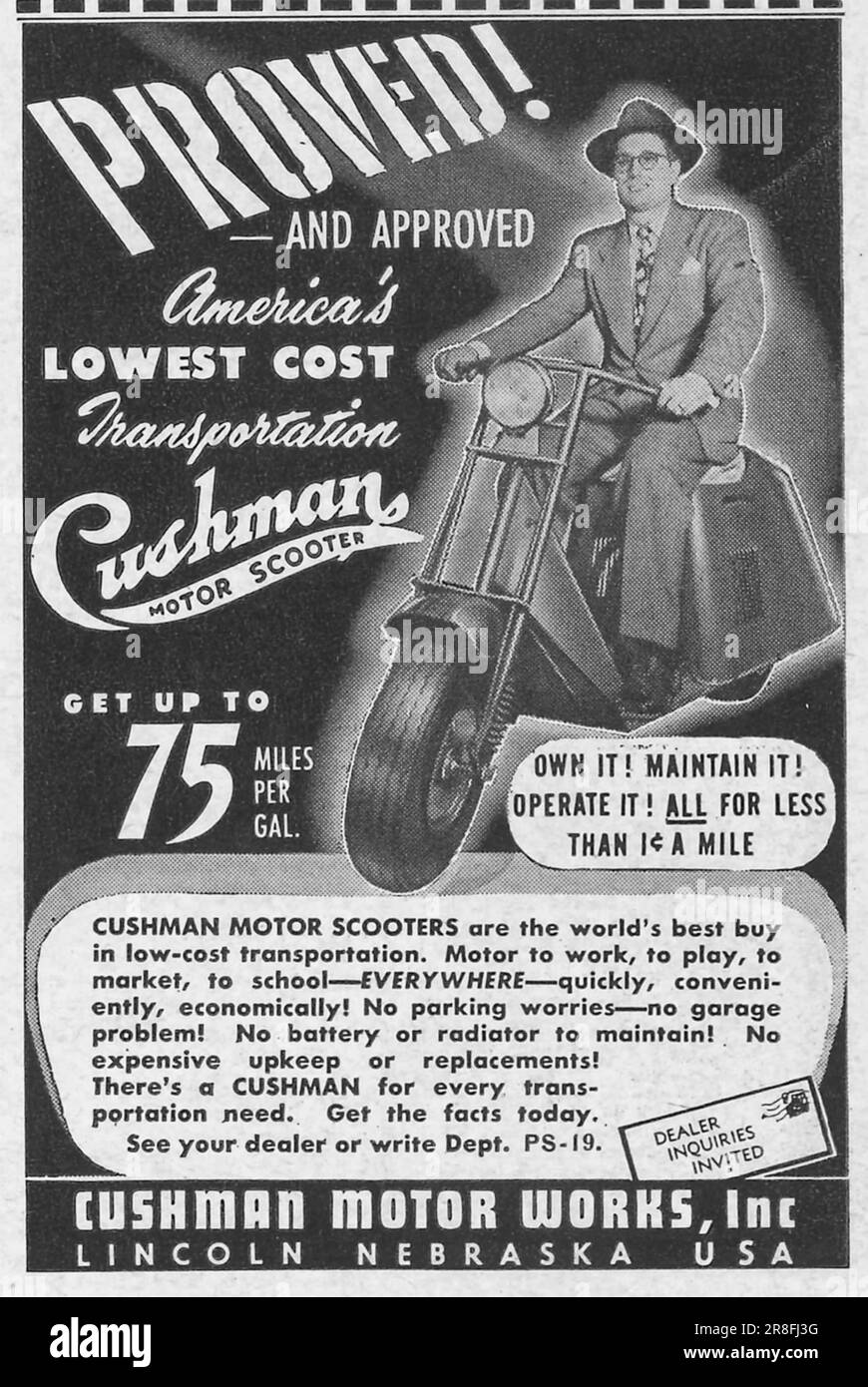 Cushman motor scooter advert in a magazine 1949 Stock Photo - Alamy