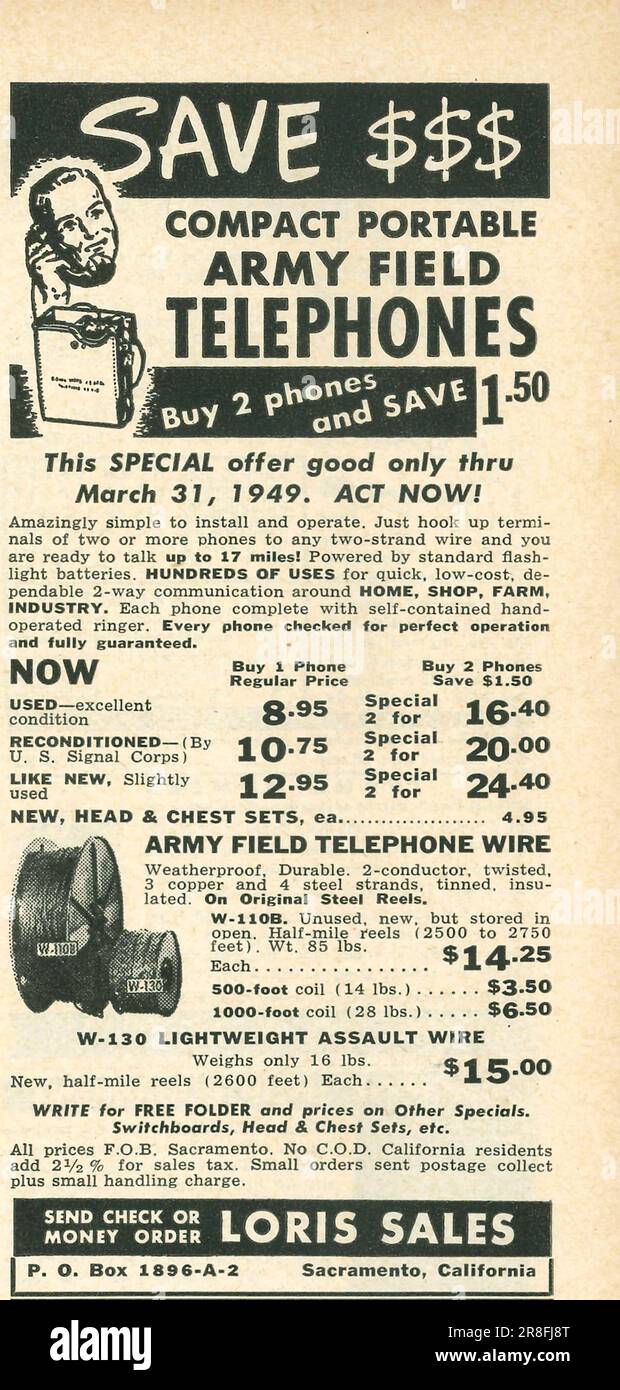 Compact portable army field telephones advert in a magazine 1949 Stock ...