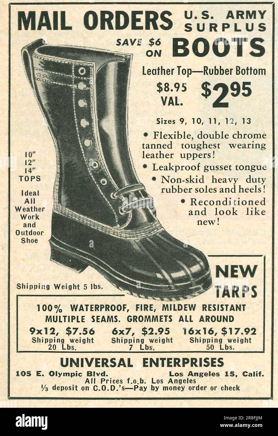 Mail orders U.S. Army surplus boots - Leather top - Rubber bottom $2.95 ...