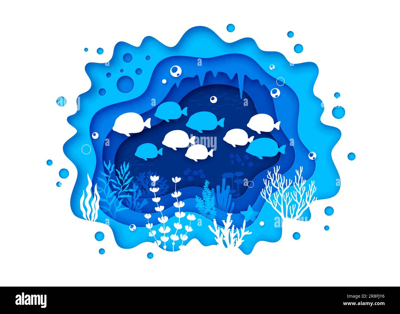 Silhouette of fish shoal on sea paper cut landscape. Underwater deep ...