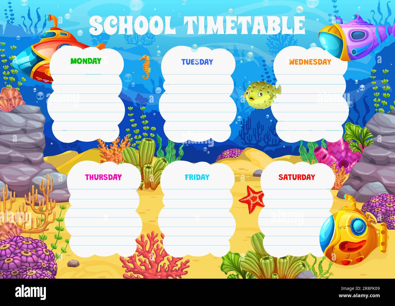 Timetable schedule. Cartoon underwater sea landscape with submarines ...