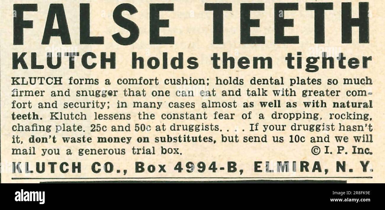 Klutch - false teeth holder advert in a magazine 1949 Stock Photo - Alamy
