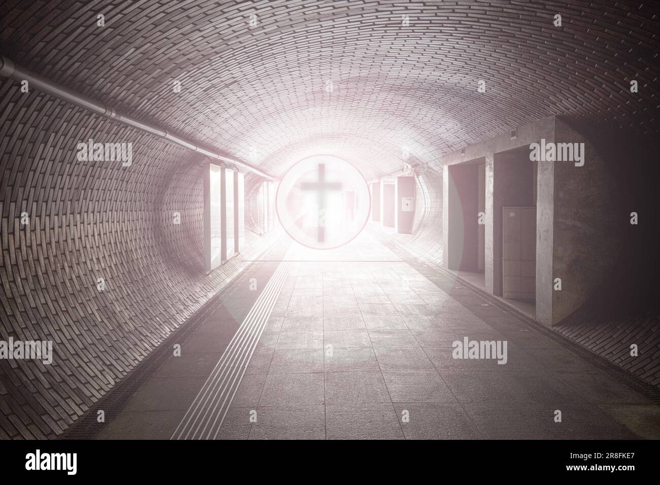 The cross and the bright light at the end of the tunnel. View into the ...