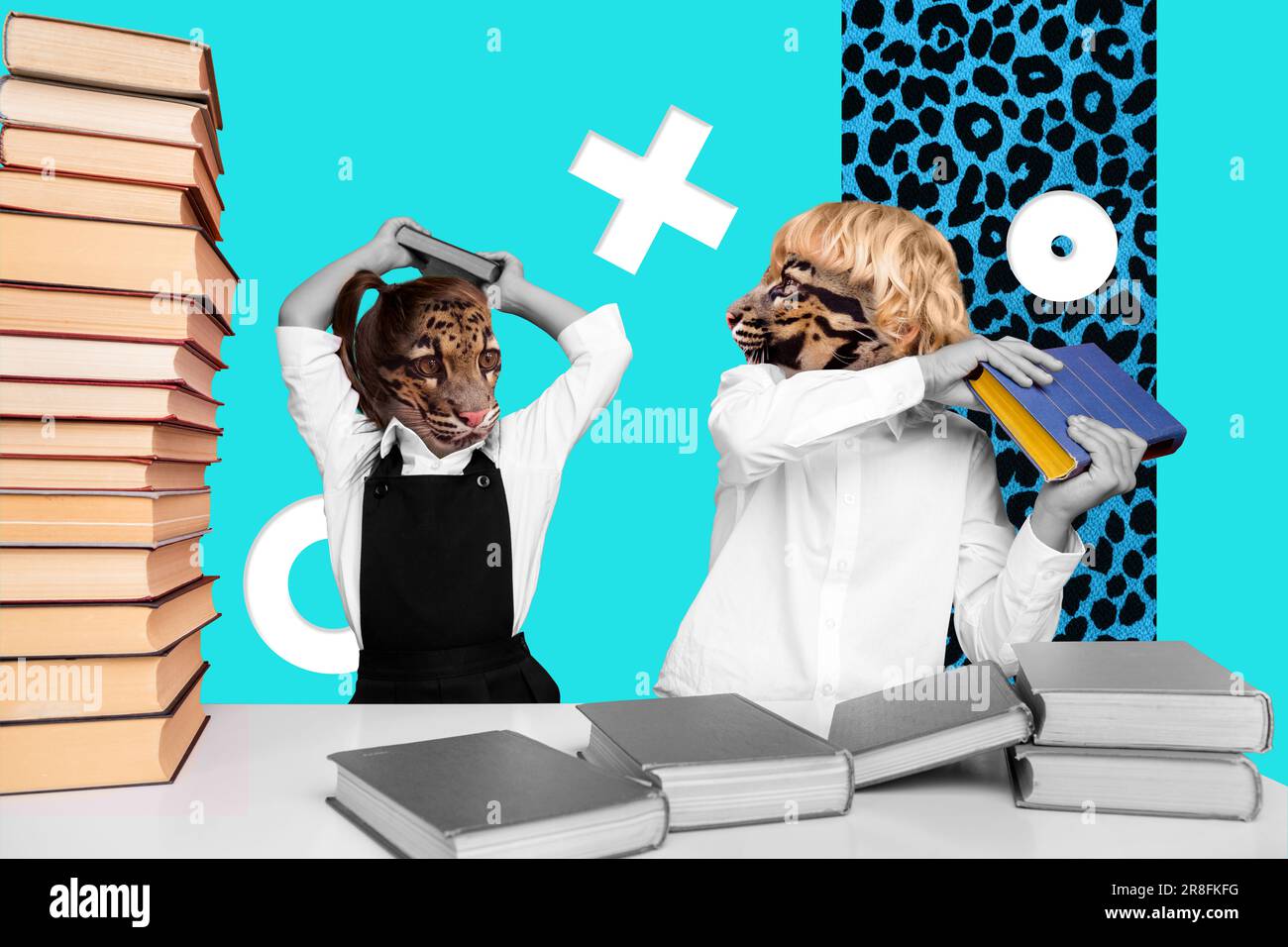 Creative collage of two black white colors pupils lynx head book fight ...