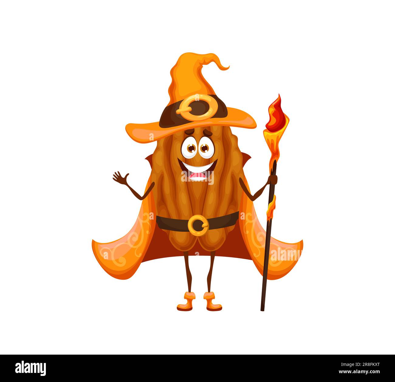 Cartoon halloween pecan wizard character. Isolated vector nut warlock ...