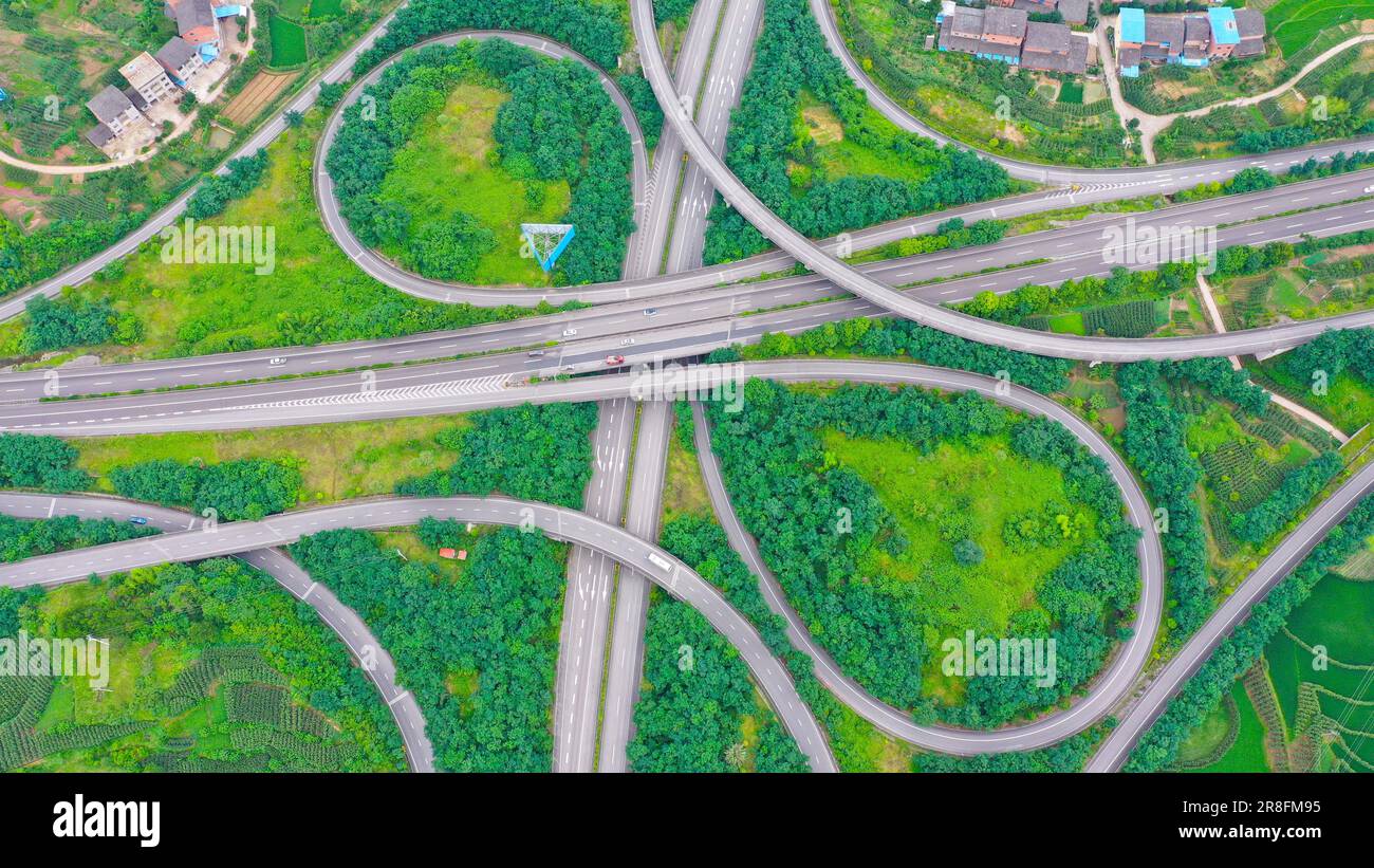 CHONGQING, CHINA - JUNE 20, 2023 - An aerial view of an overpass at a ...