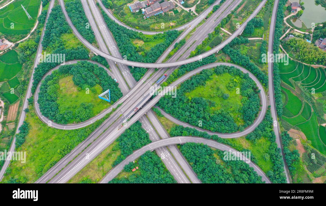CHONGQING, CHINA - JUNE 20, 2023 - An aerial view of an overpass at a ...