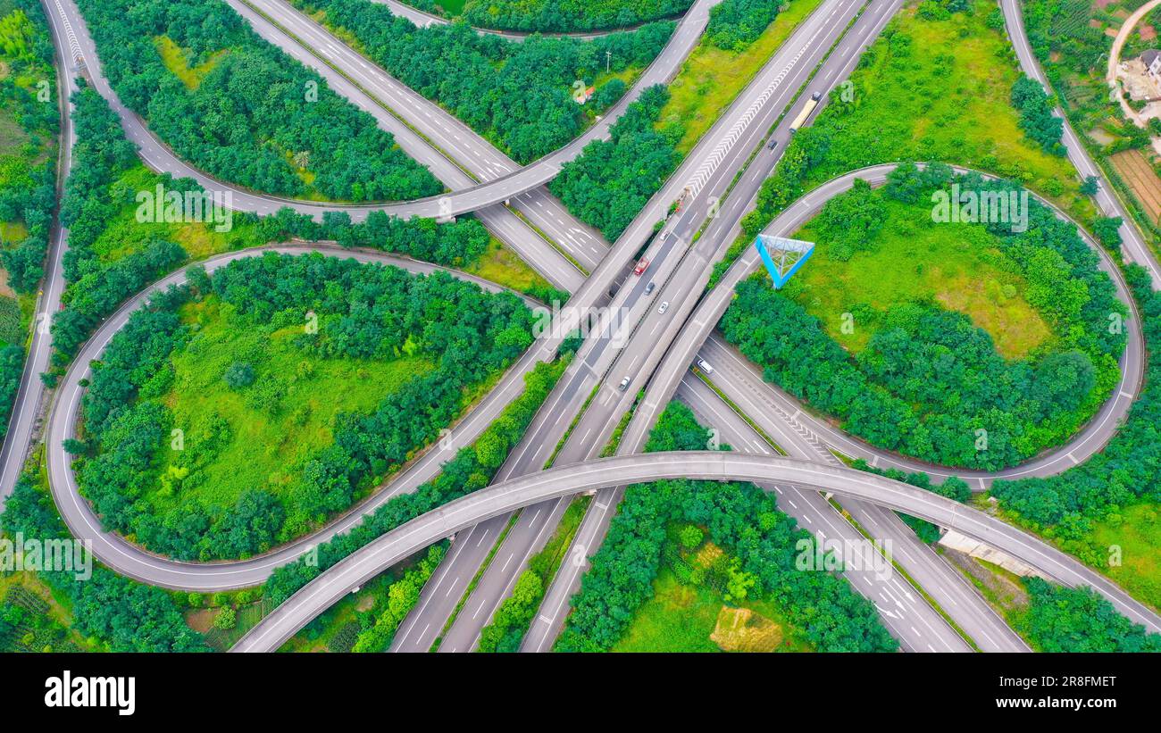 CHONGQING, CHINA - JUNE 20, 2023 - An aerial view of an overpass at a ...