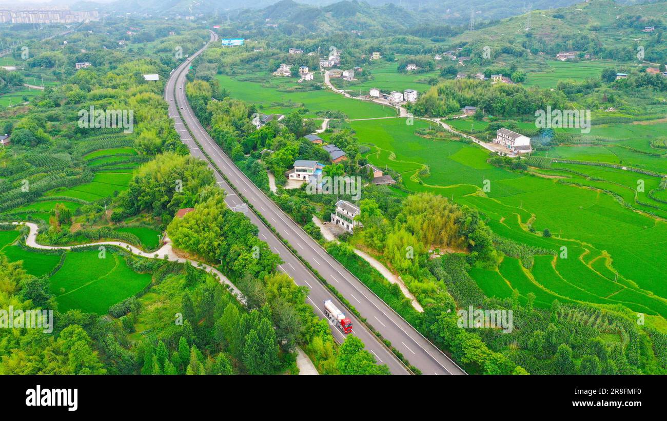 CHONGQING, CHINA - JUNE 20, 2023 - An aerial view of an overpass at a ...