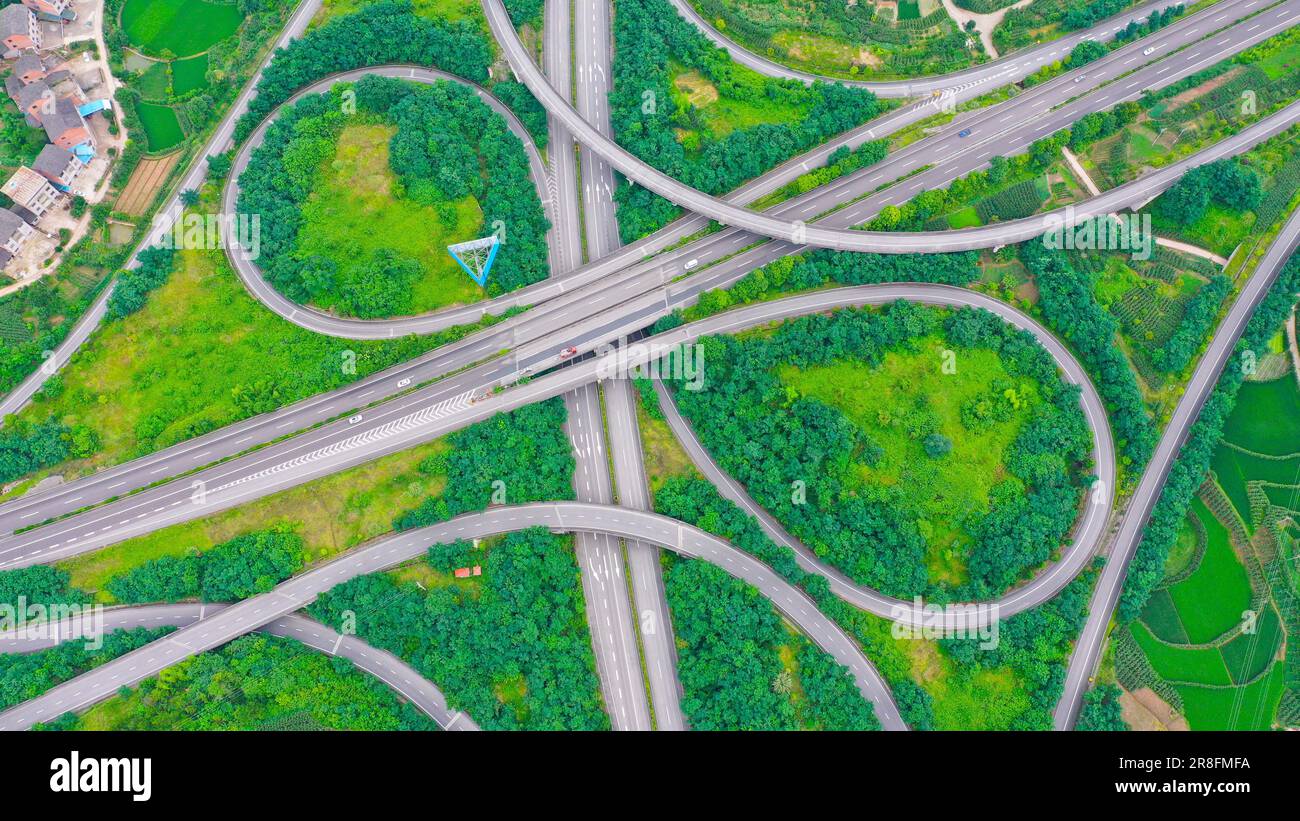 CHONGQING, CHINA - JUNE 20, 2023 - An aerial view of an overpass at a ...