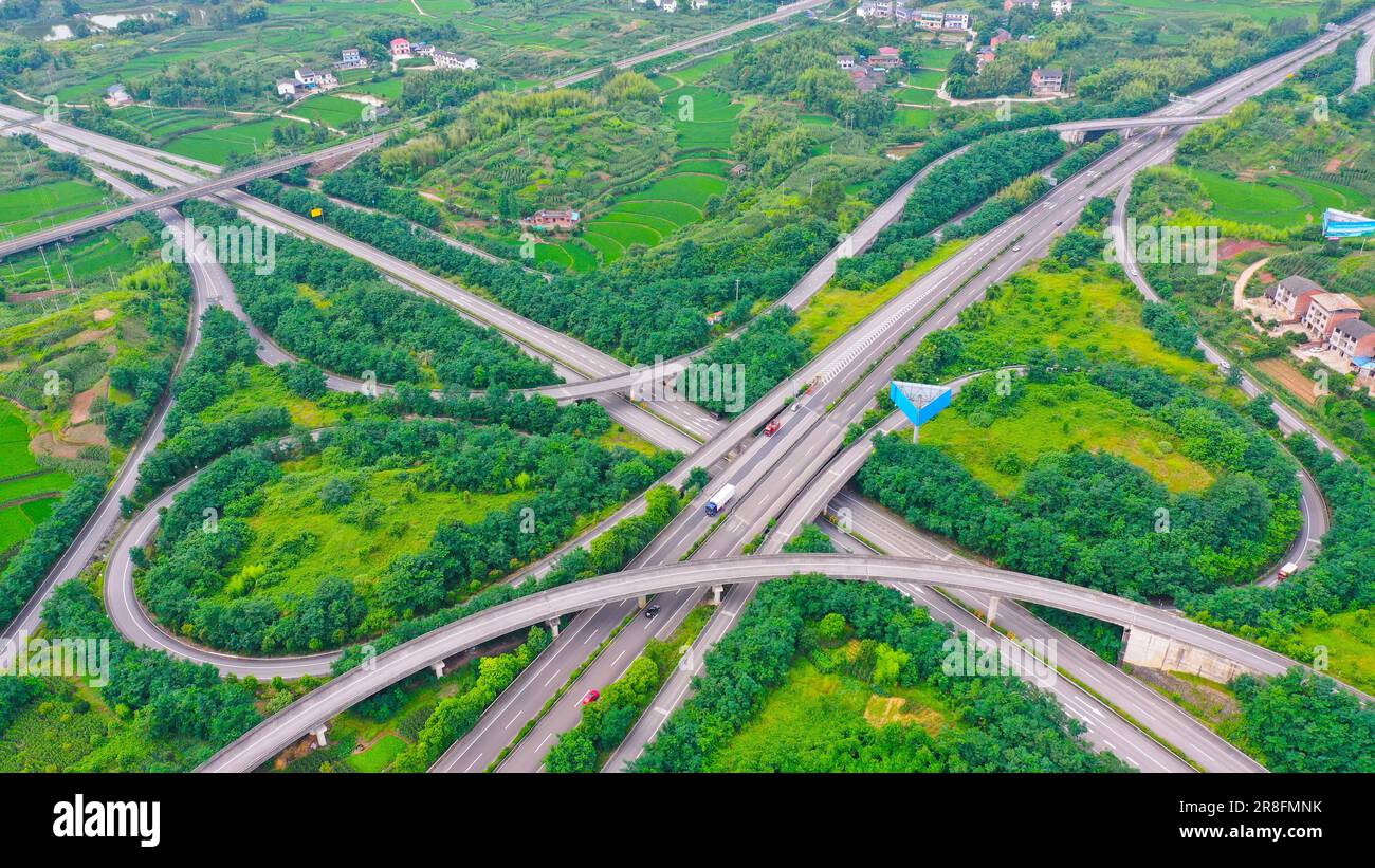 CHONGQING, CHINA - JUNE 20, 2023 - An aerial view of an overpass at a ...