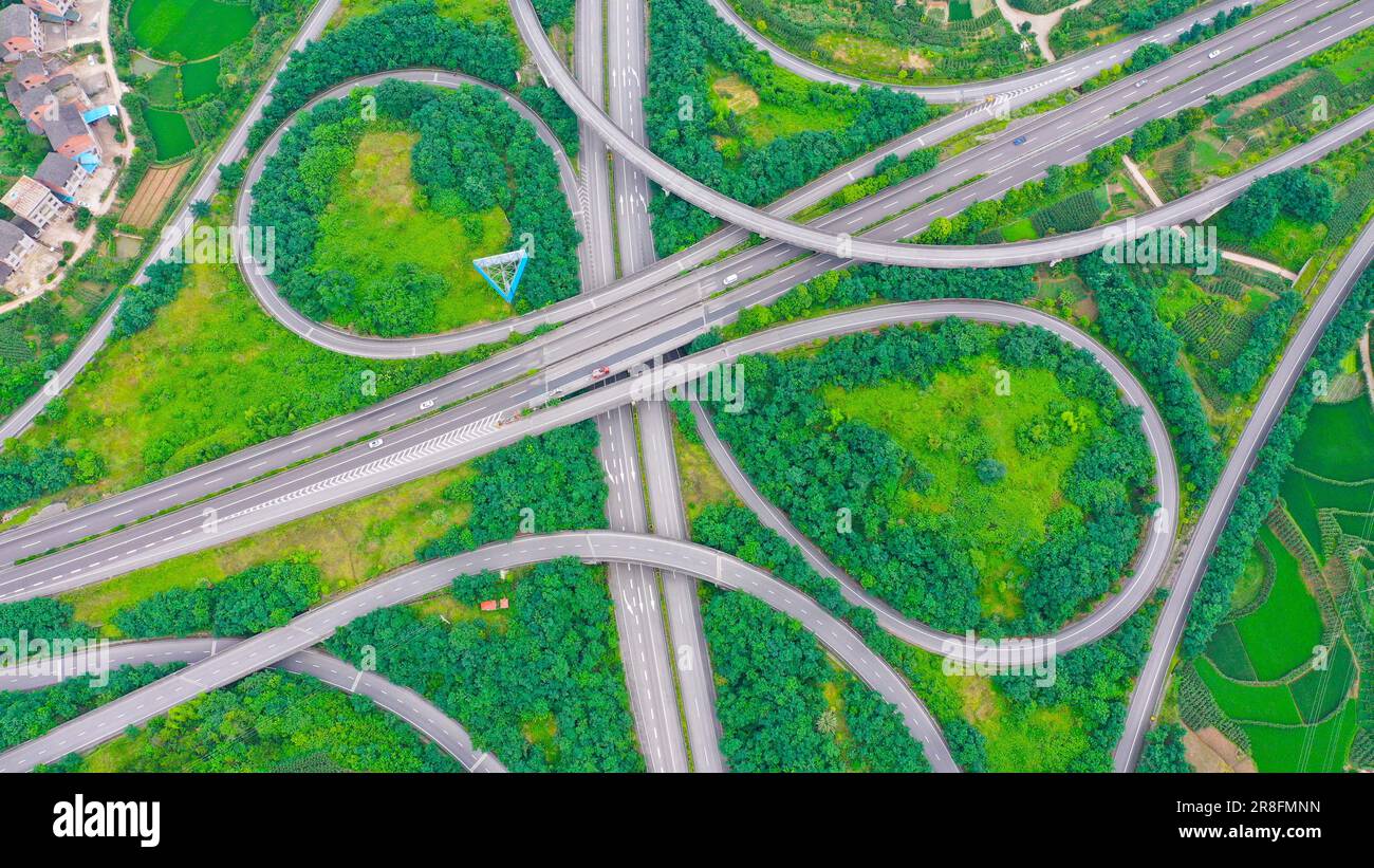 CHONGQING, CHINA - JUNE 20, 2023 - An aerial view of an overpass at a ...