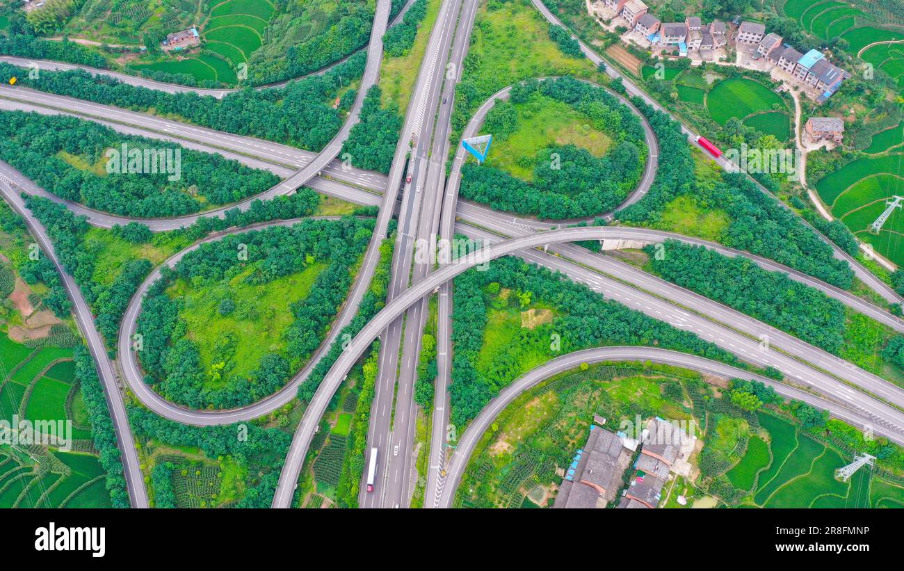 CHONGQING, CHINA - JUNE 20, 2023 - An aerial view of an overpass at a ...
