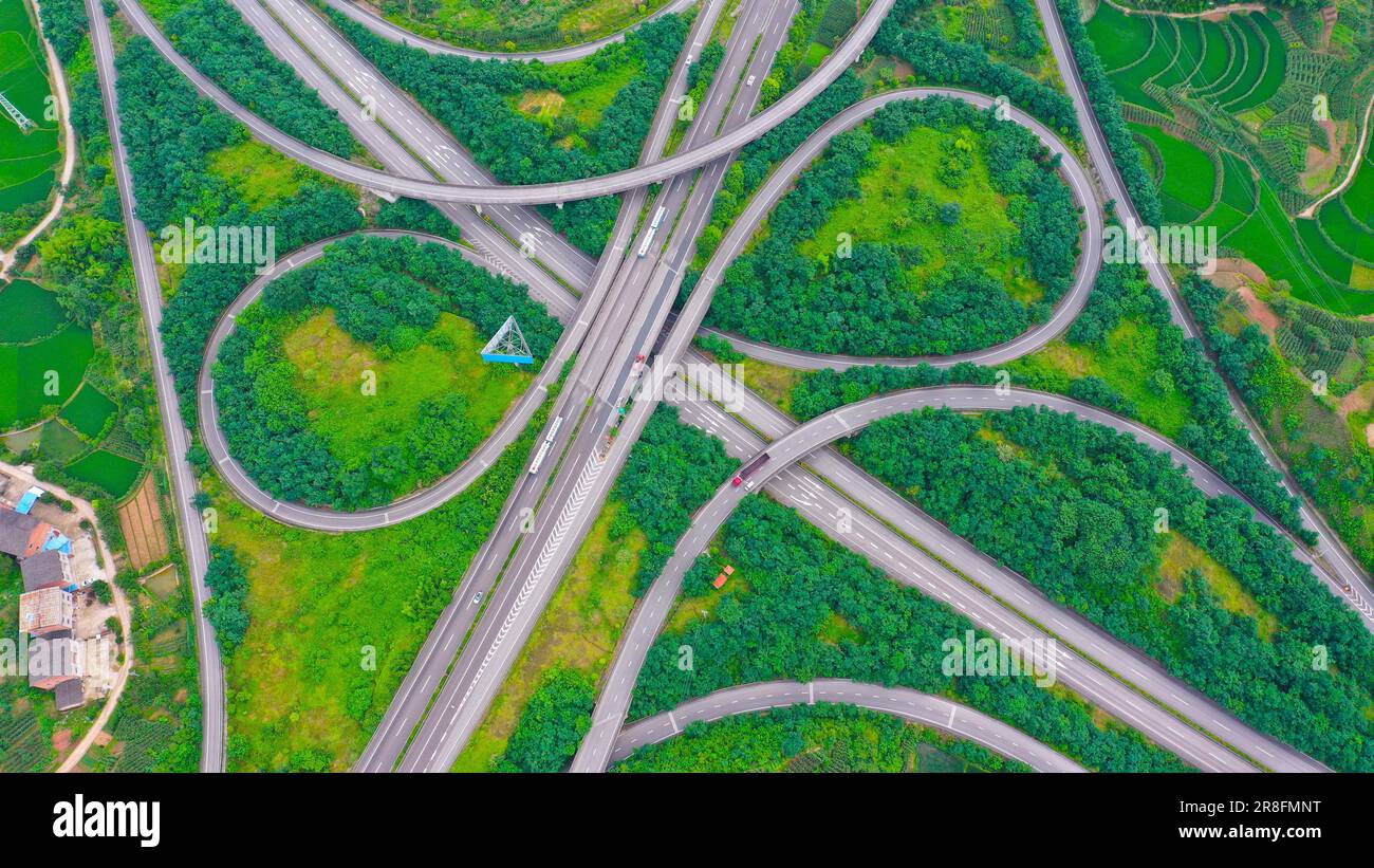 CHONGQING, CHINA - JUNE 20, 2023 - An aerial view of an overpass at a ...