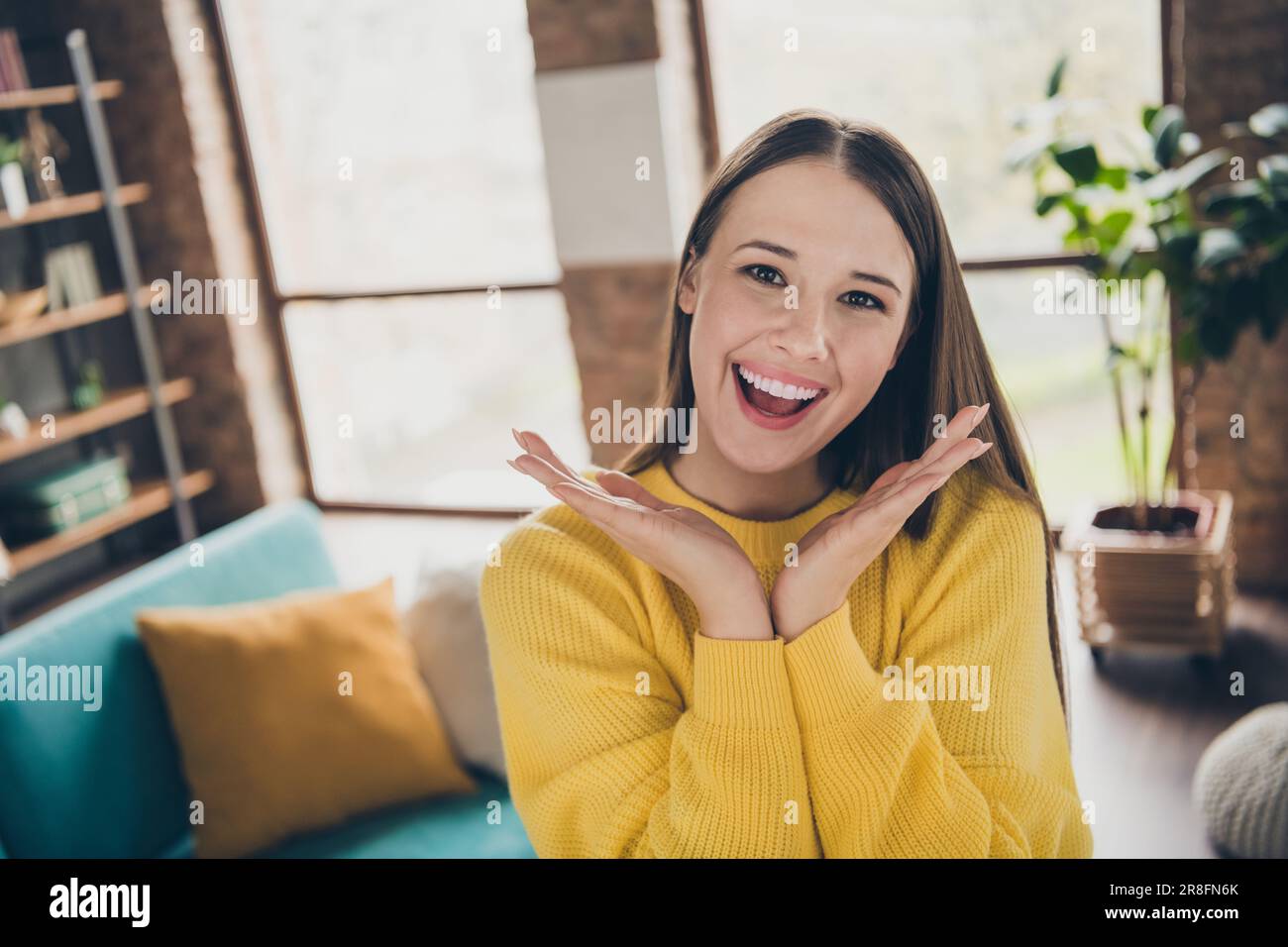 Portrait of astonished positive person raise opened arms palms open ...