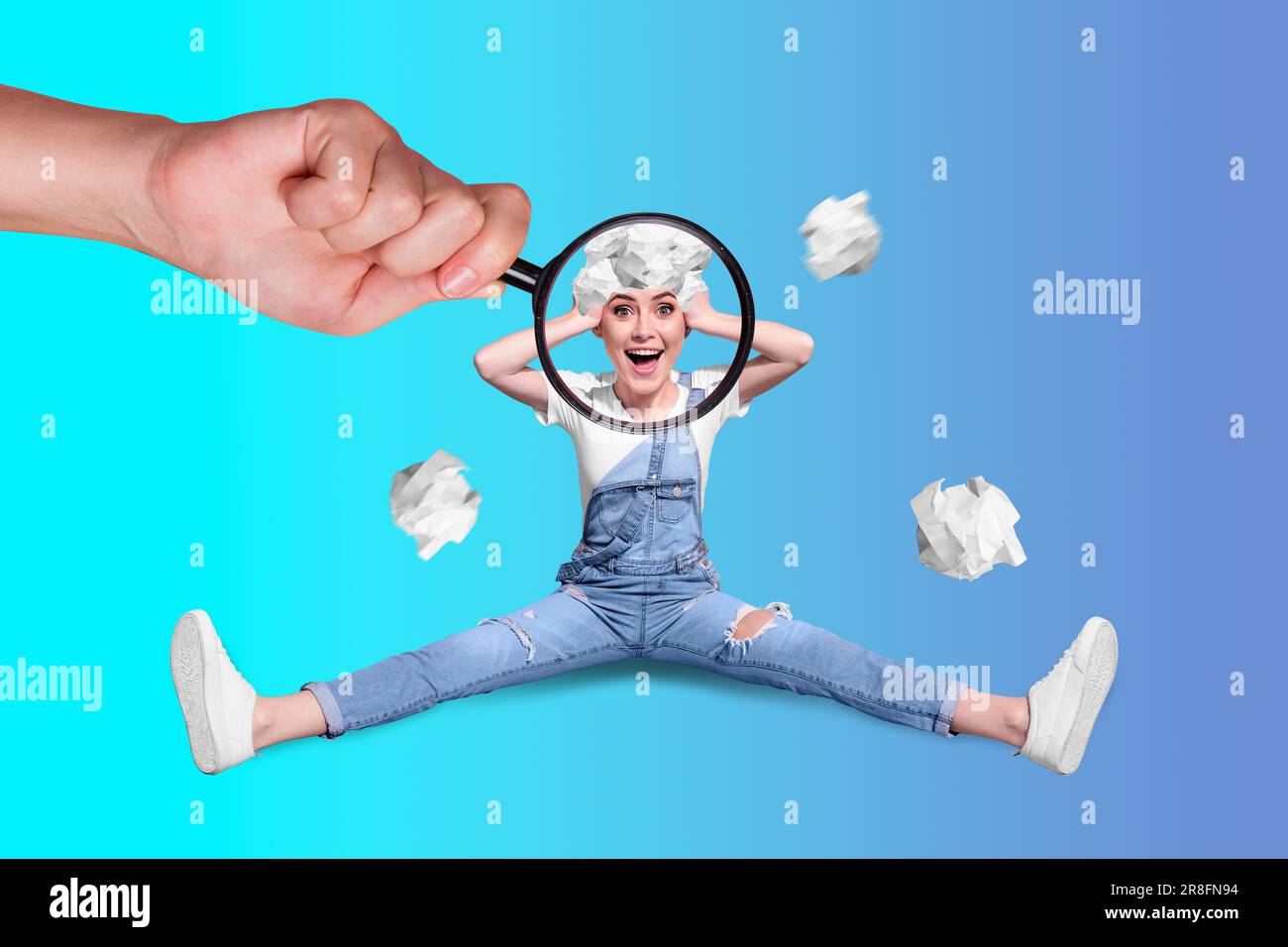 Creative retro 3d magazine collage image of arm enlarging lady paper ...