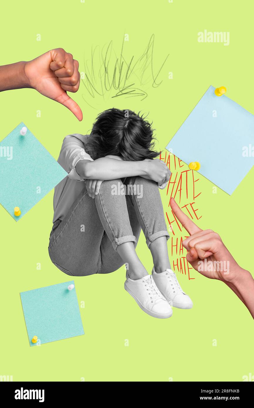 Creative retro 3d magazine collage image of stressed depressed lady ...