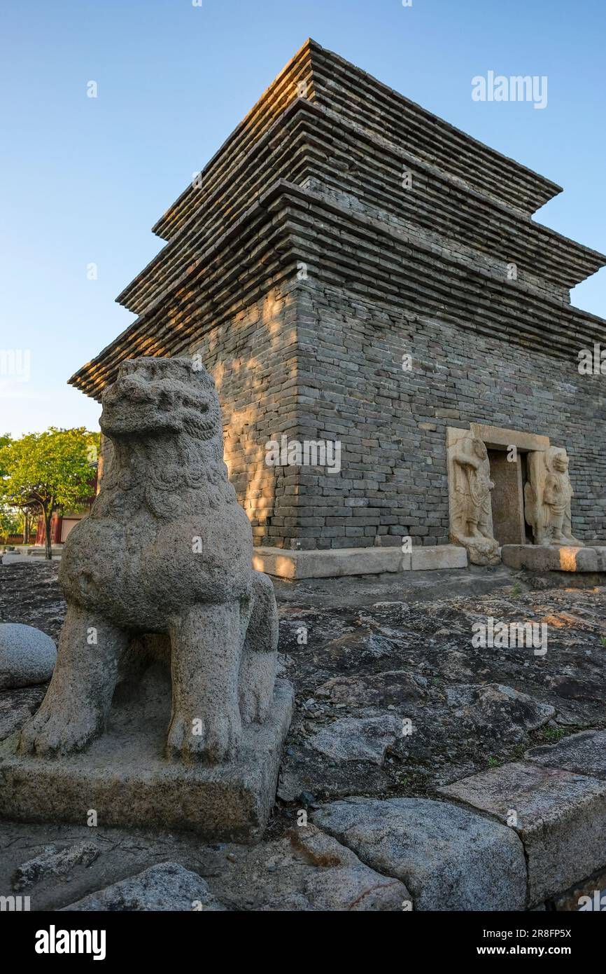Gyeongju, South Korea - June 4, 2023: Ancient three stories stone pagoda of Silla era at ...