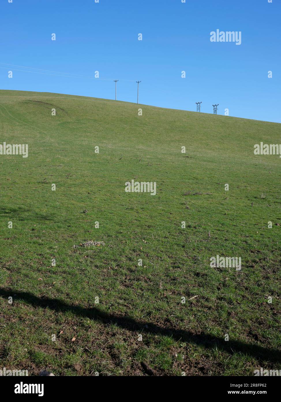 Against a clear blue sky, electricity pylons stand out on the horizon ...