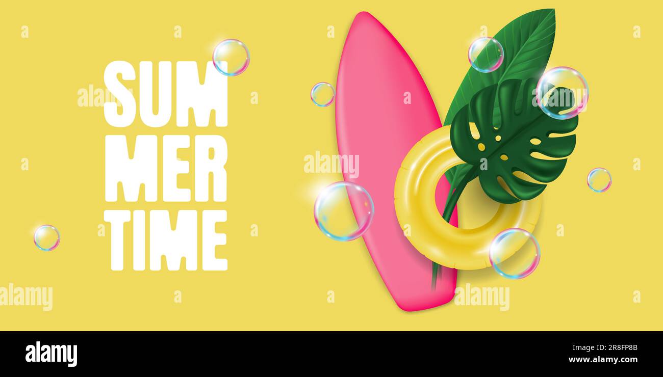 Summer Time banner with surfboard, inflatable ring, Tropical Leaves ...