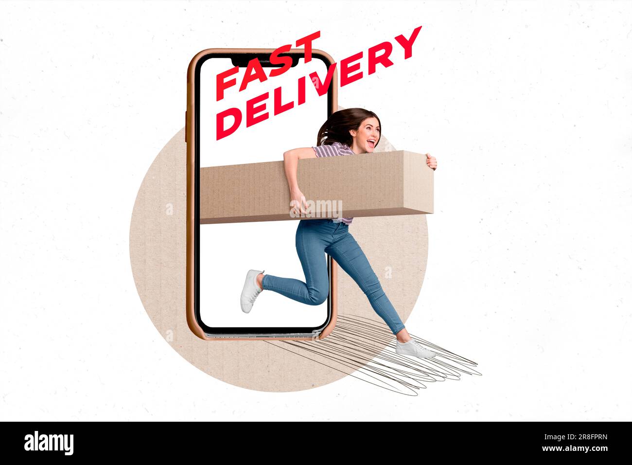 Creative advert template collage of crazy lady run from smart device ...