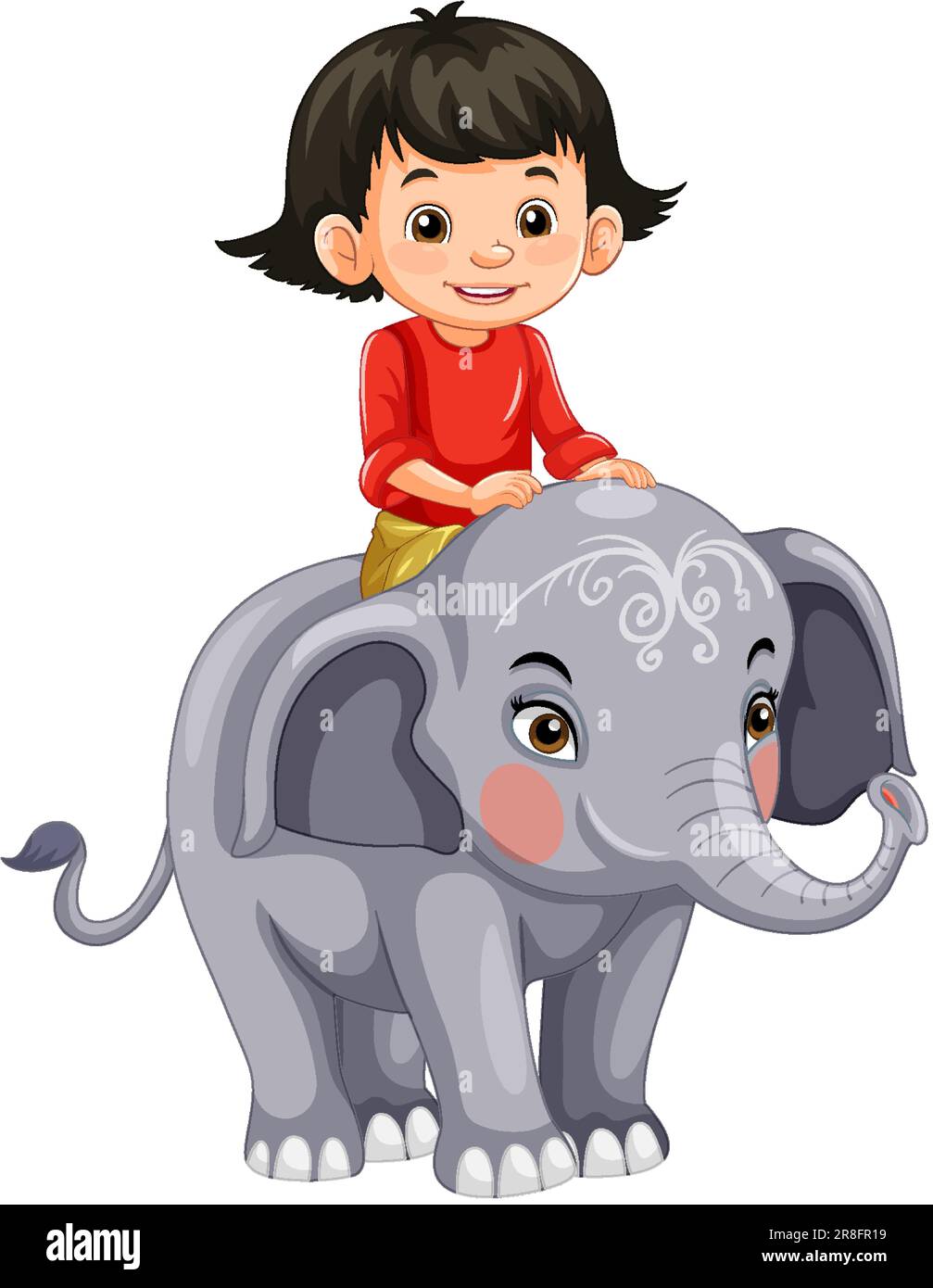 Little Girl Riding Elephant in Cartoon Style illustration Stock Vector ...