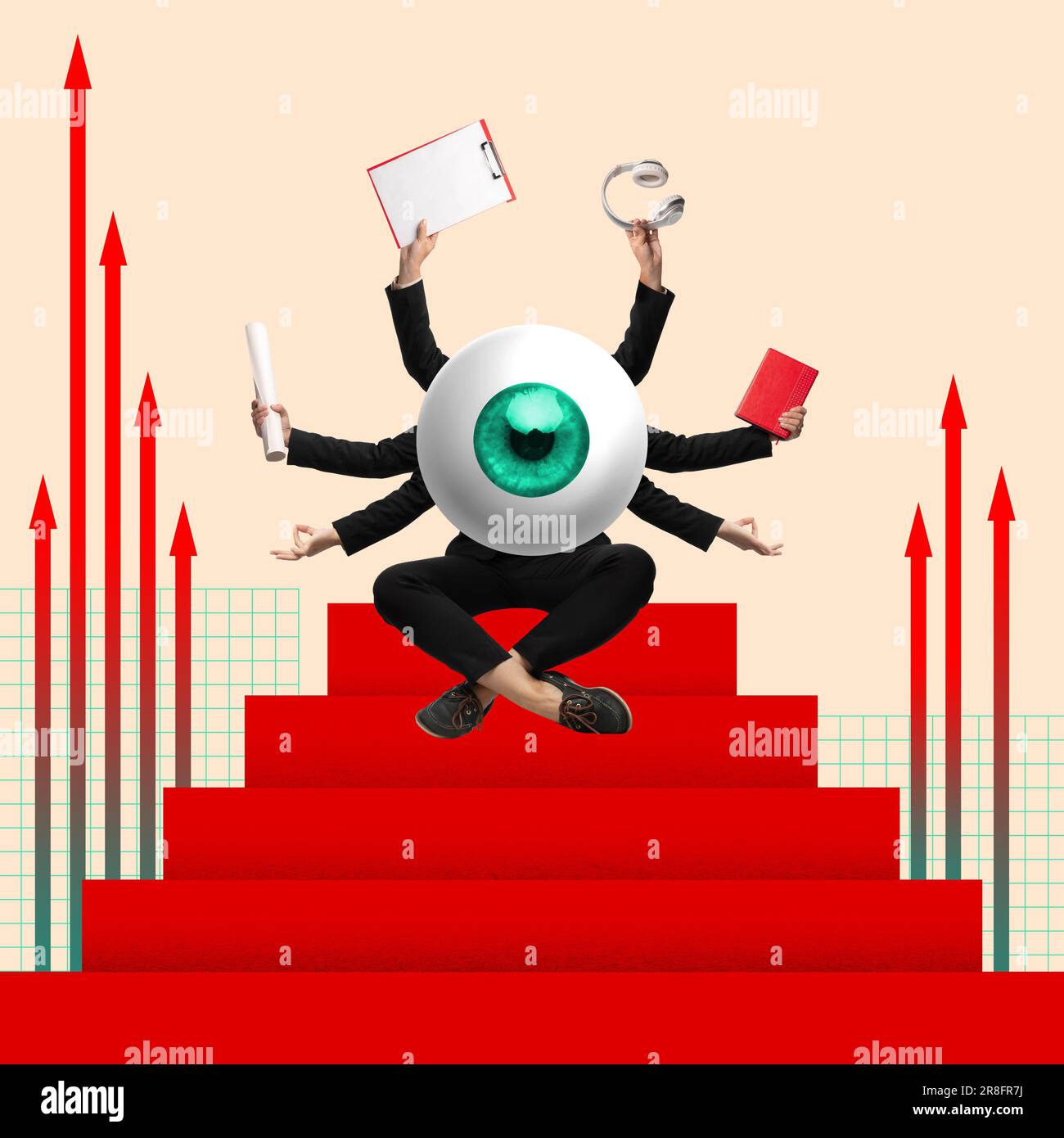 Multitasking. Man with giant eye body and many hands working in ...