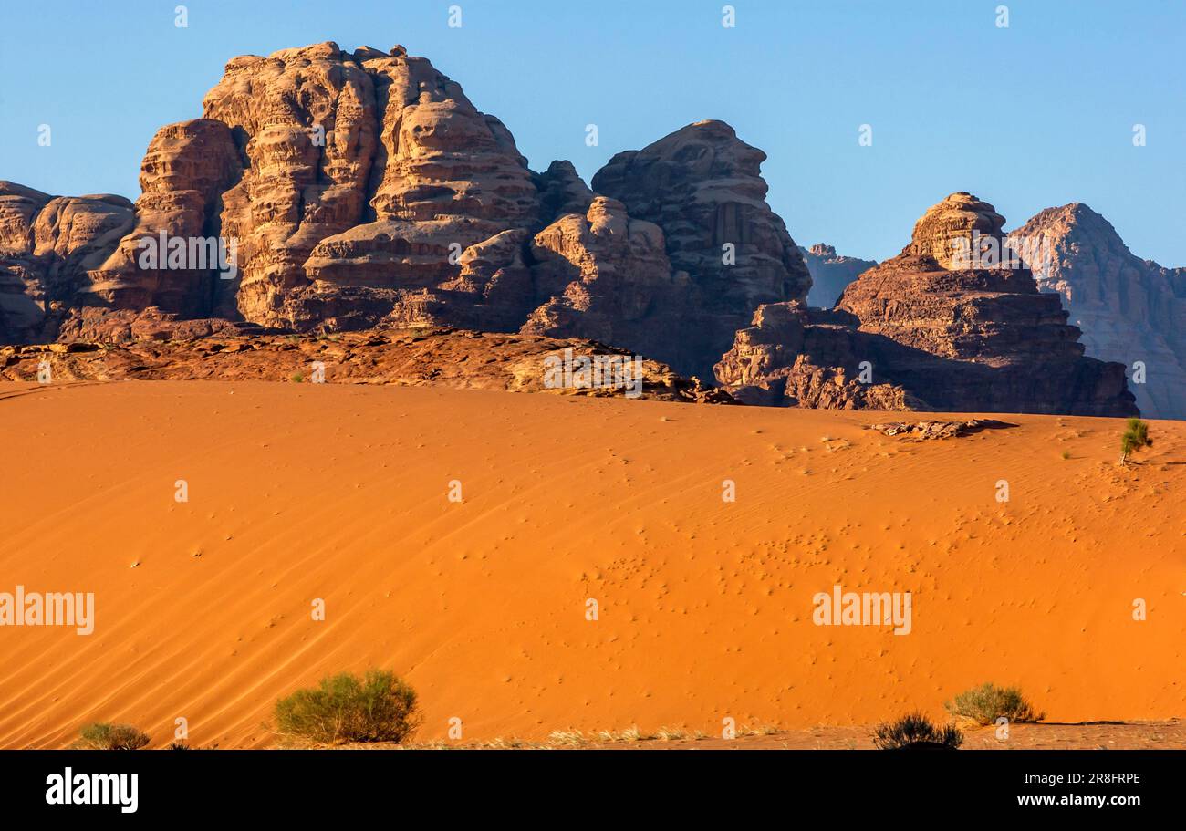 Sunrise over a section of Wadi Rum in Jordan. Also known as the Valley ...