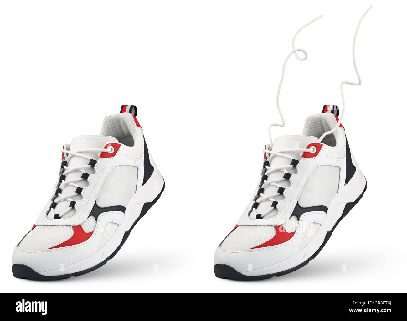 White sneaker with flying laces stands on the tip isolated on white ...