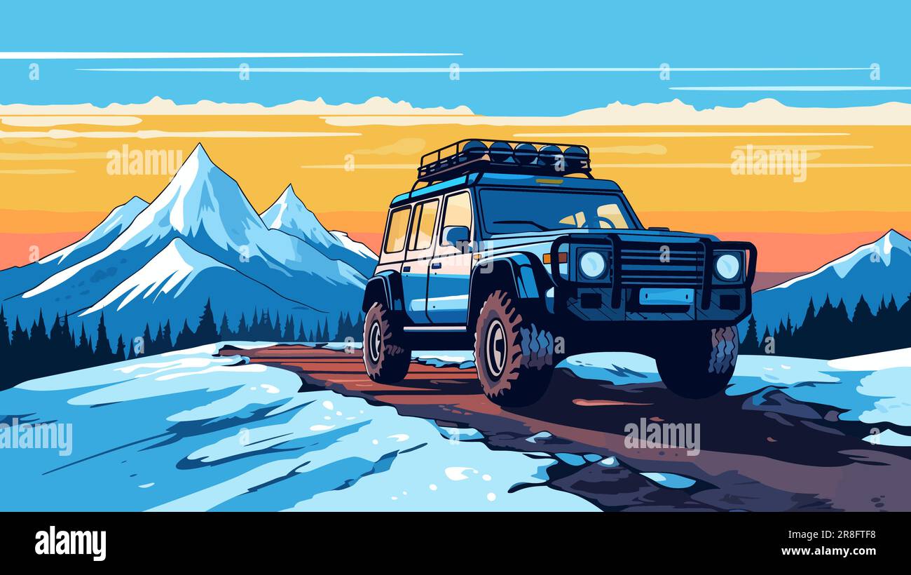 Off-road SUV standing in snowy road, on the winter mountains background. 4x4 automotive ...