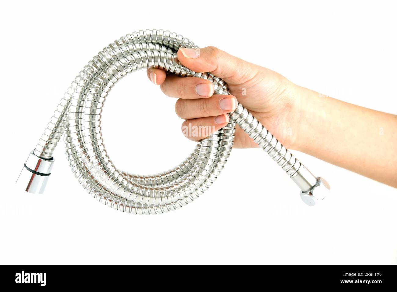 Woman's Hand holds Convoluted Tube Isolated on White Background Stock ...