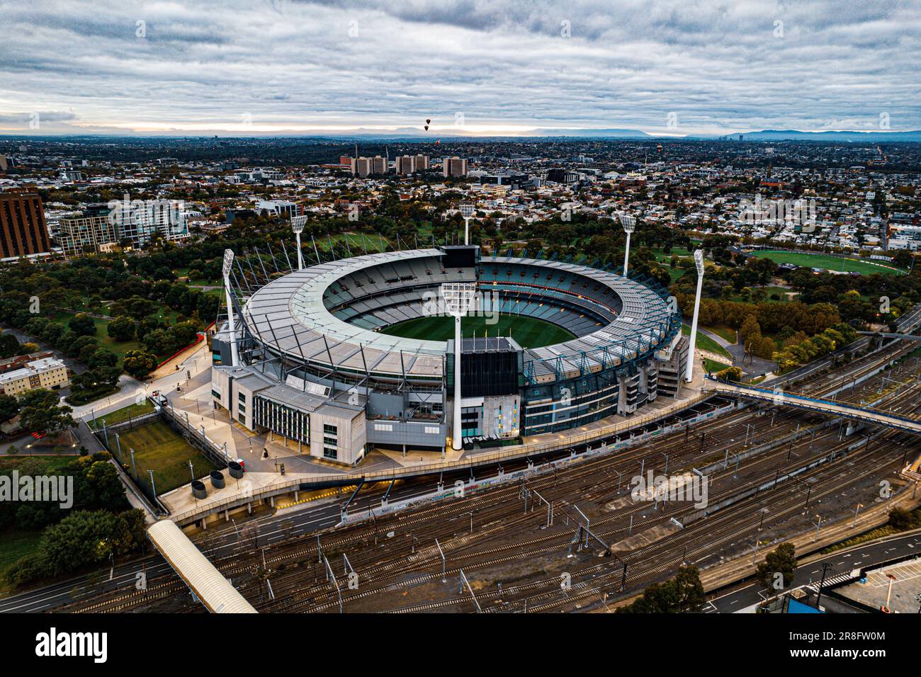 An aerial view of Grand round sports stadium set against the suburbs of ...