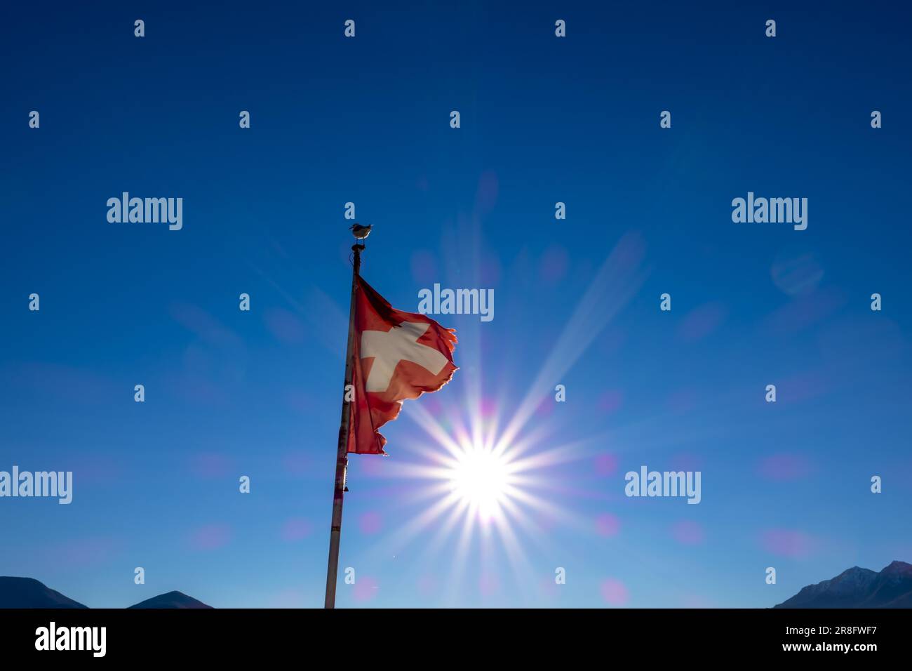 Broken Swiss Flag with a Bird and Sunbeam with Mountain Peak in ...