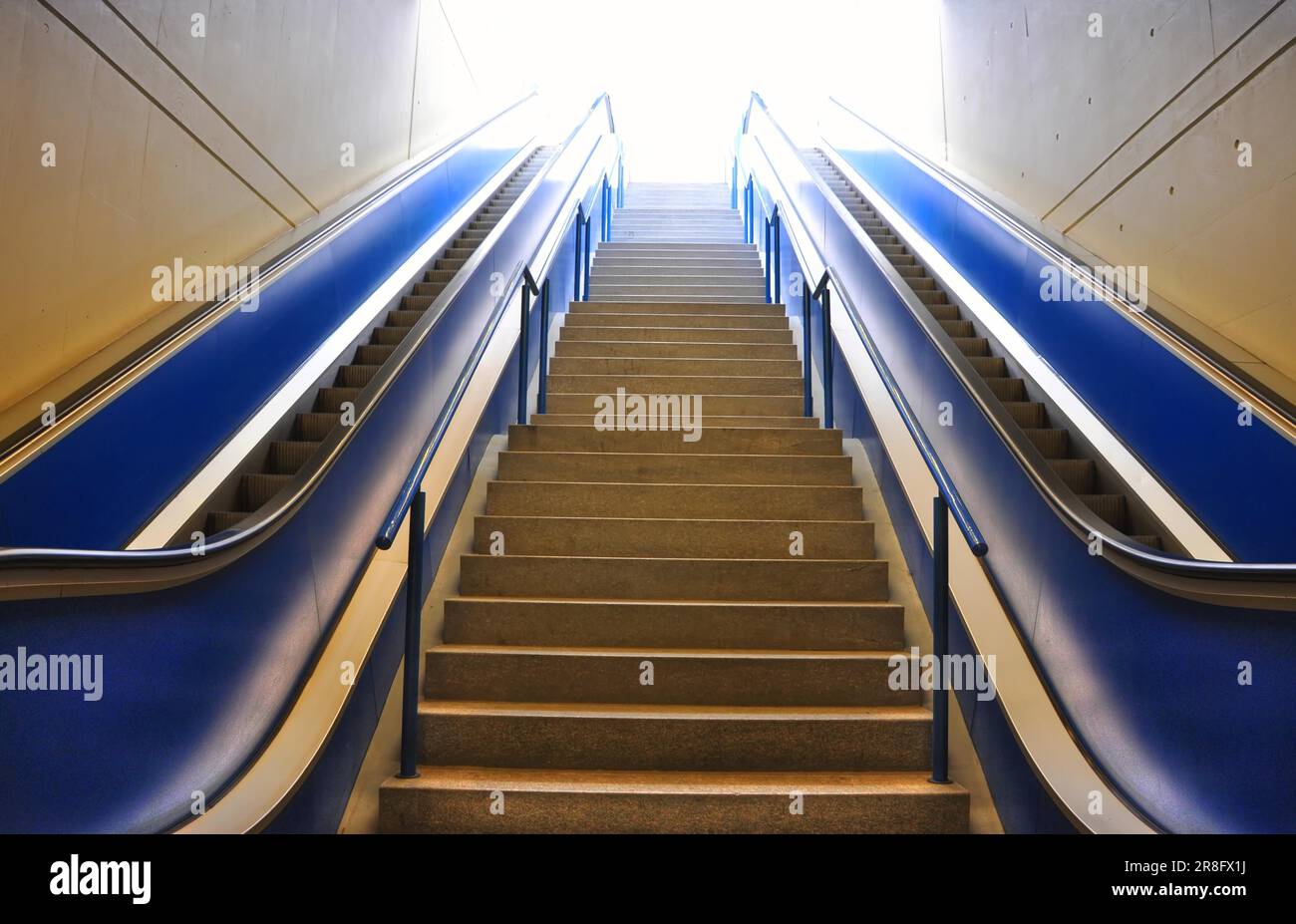 Blue Escalators with Stairs Stock Photo - Alamy