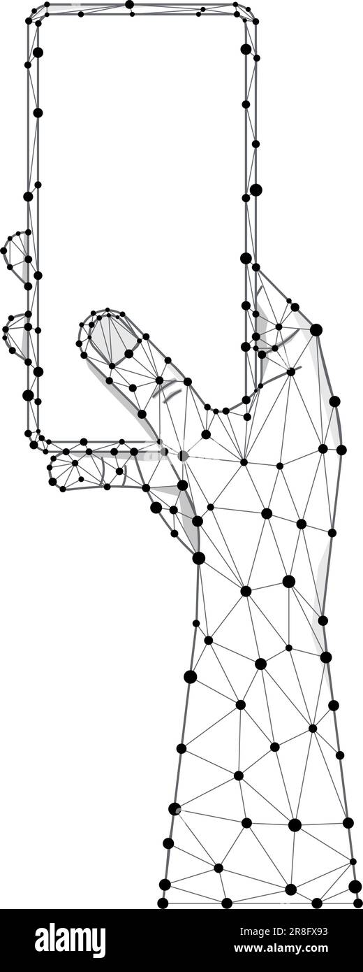 Hand hold mobile phone polygon wireframe vector illustration. Digital ...