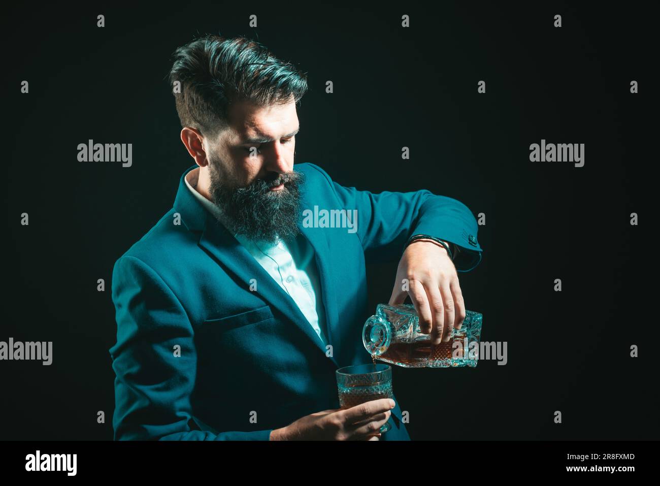 Drunk man or businessman drinks whiskey on black background. How to ...
