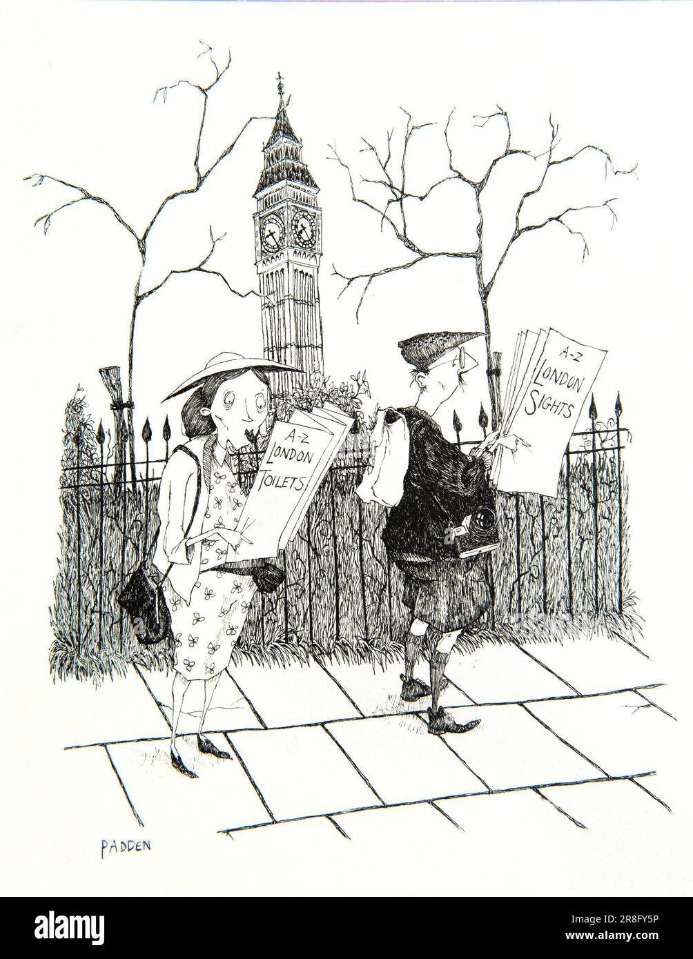 Black and white pen and ink drawing of two tourists lost in London ...
