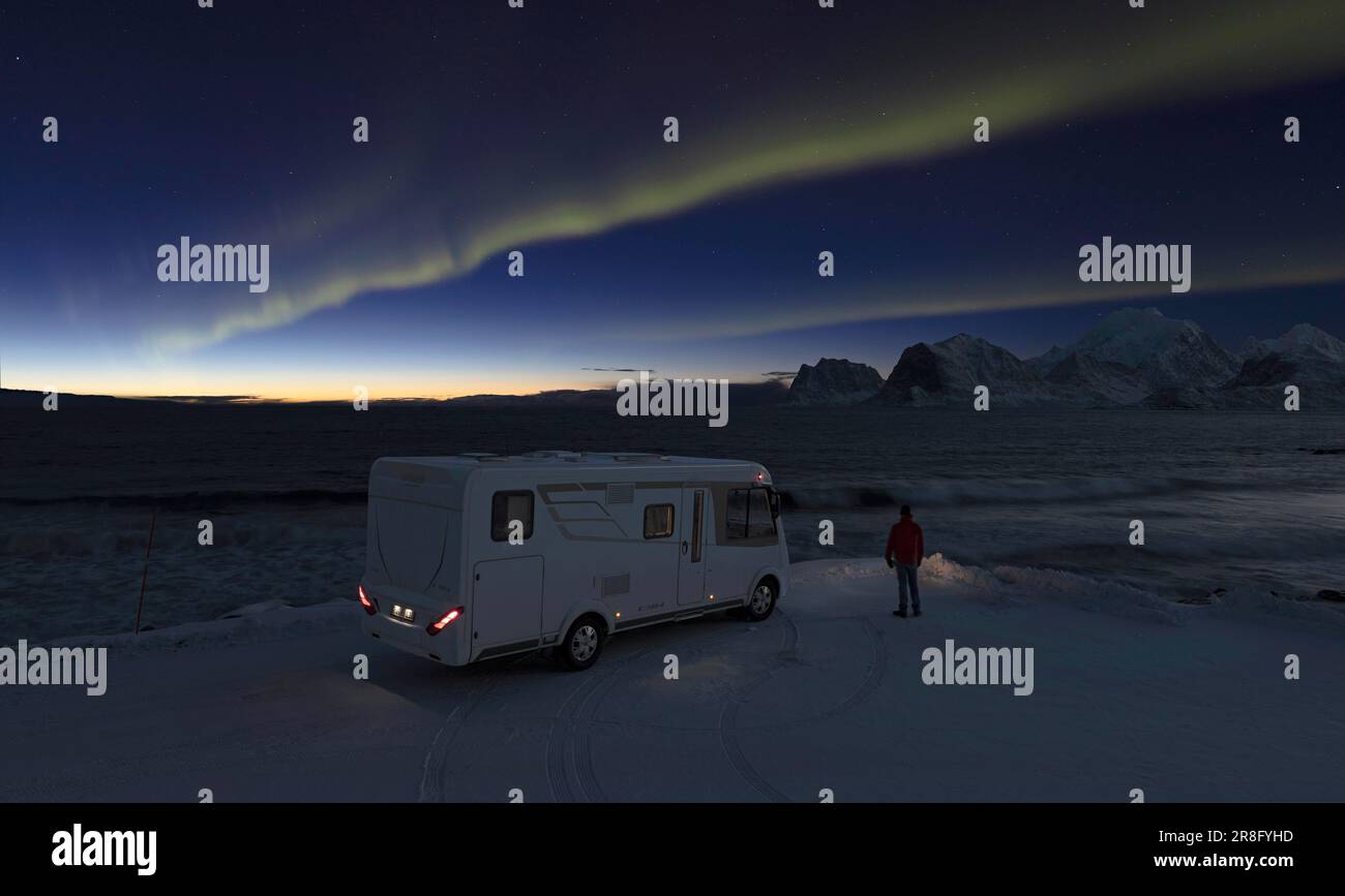 Motorhome in winter on pitch under the Northern Lights (Aurora borealis ...