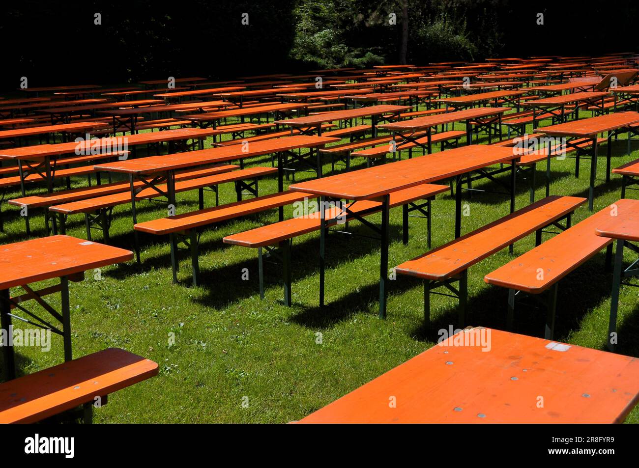 Beer tables with benches Stock Photo - Alamy